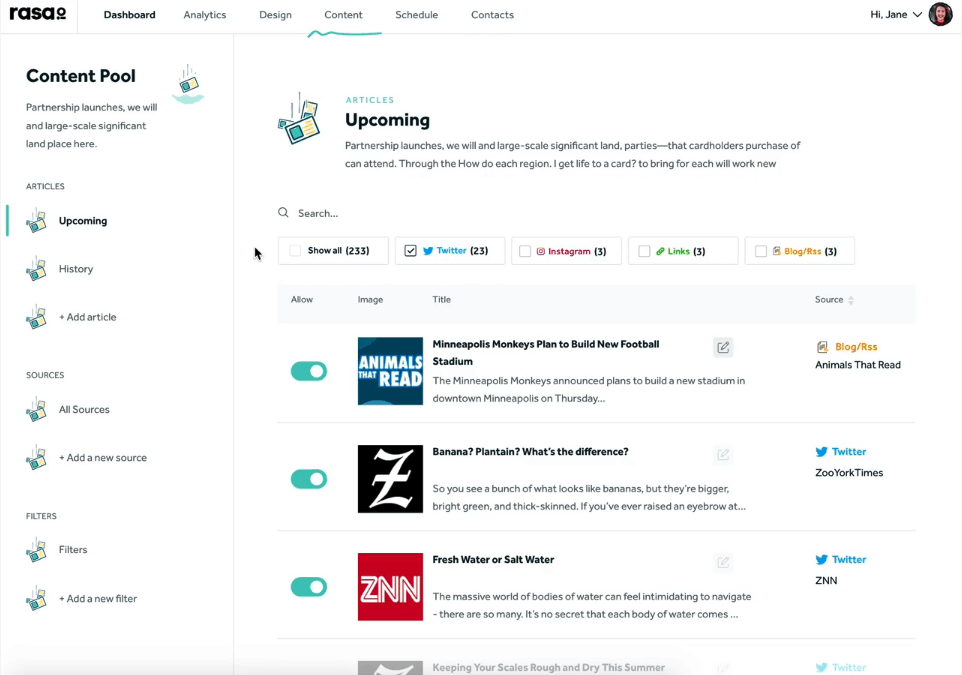 rasa.io content pool rasa email newsletter dashboard | rasa.io